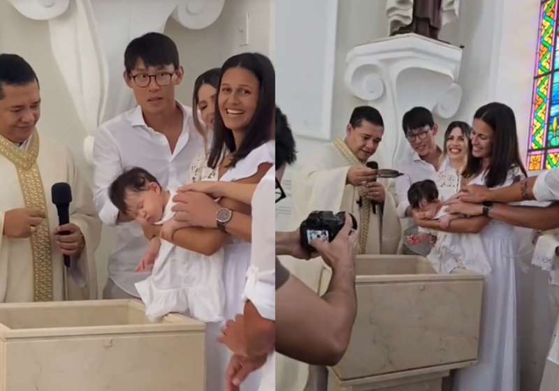 Bebê dorme no próprio batizado na igreja e reação do padre diverte as ...